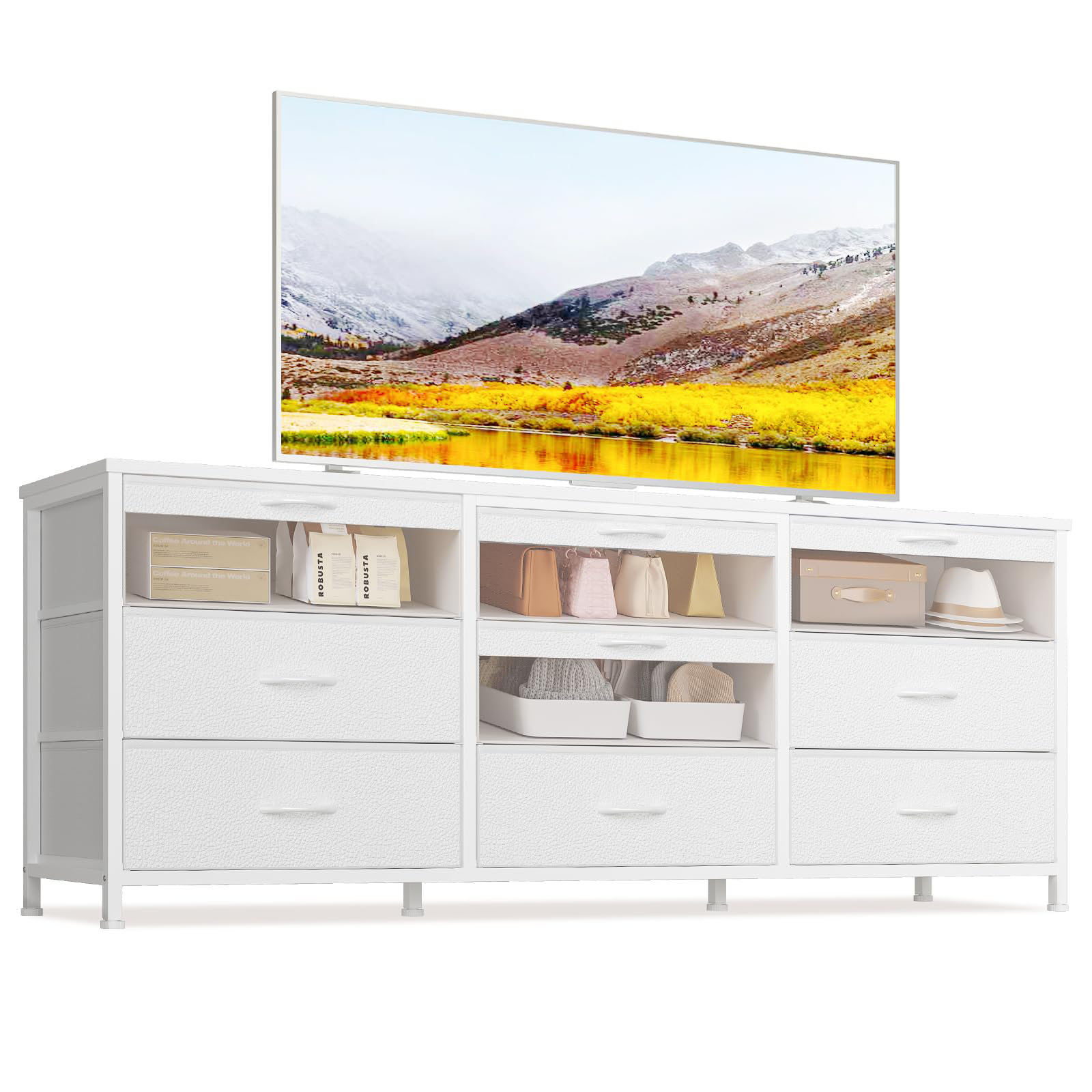 Ebern Designs 63" Dresser With 9 Fabric Drawers For Bedroom,(4 Reversible Pu & Clear Mesh ...